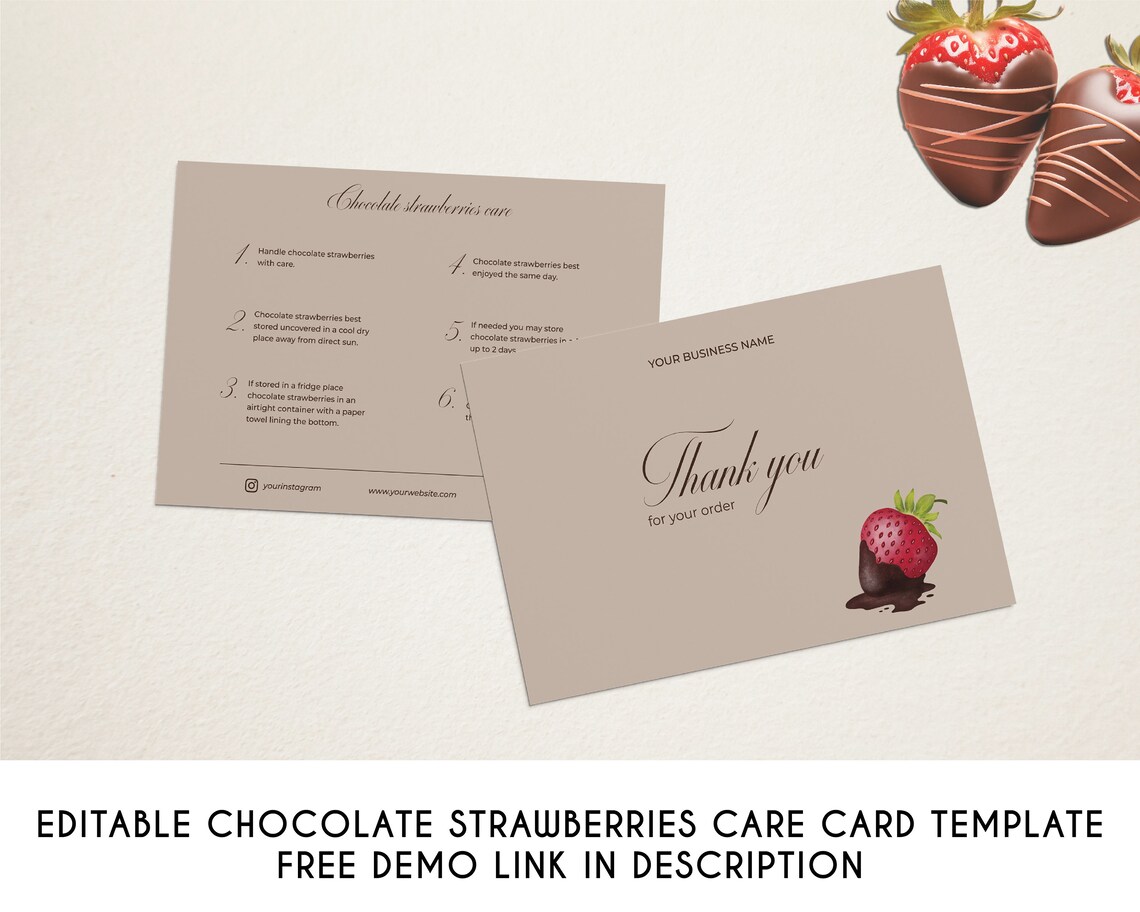 Editable Elegant Chocolate Strawberries Care Card Template, Printable ...