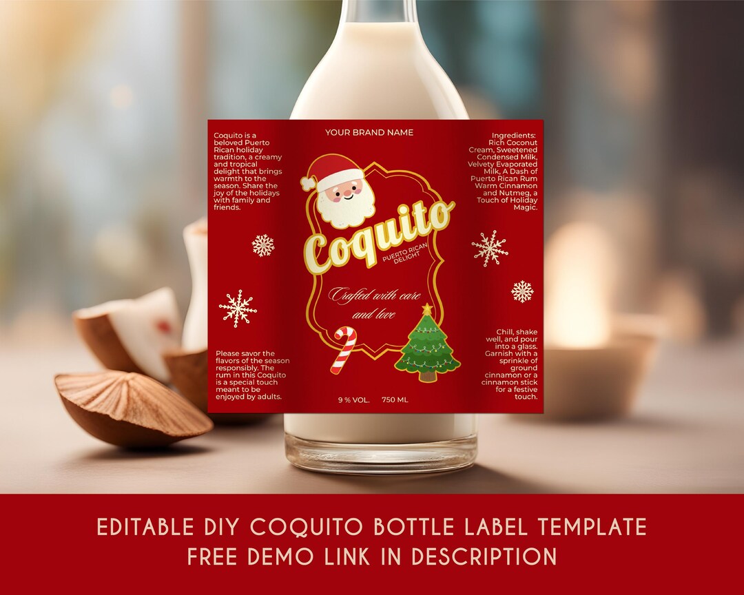 Editable Playful Coquito Bottle Label Template, Printable Festive Homemade Coconut Beverage ...