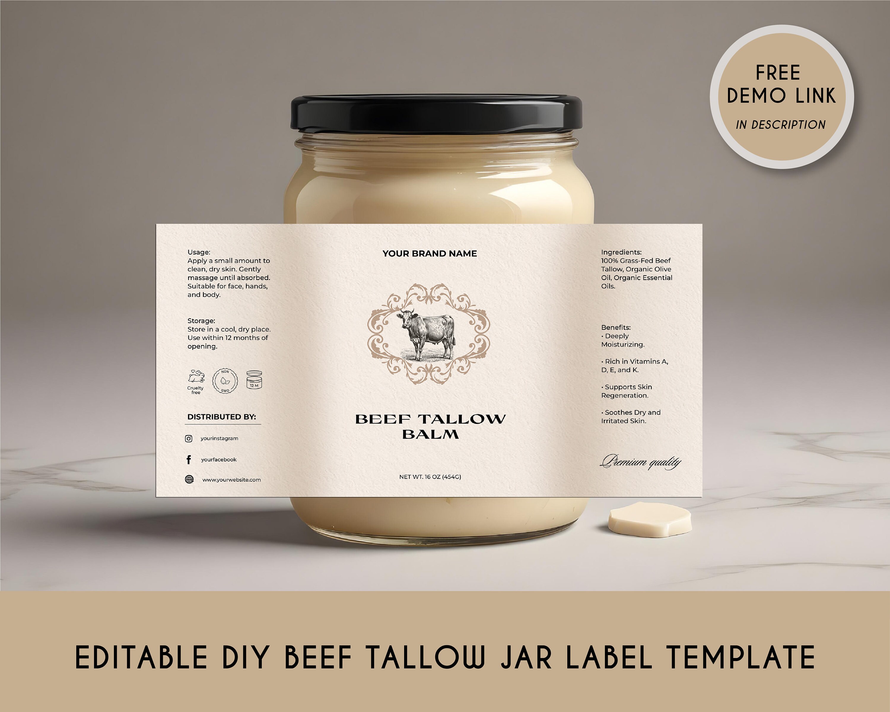 Editable Beef Tallow Jar Label Template, Printable Luxury Tallow Balm ...