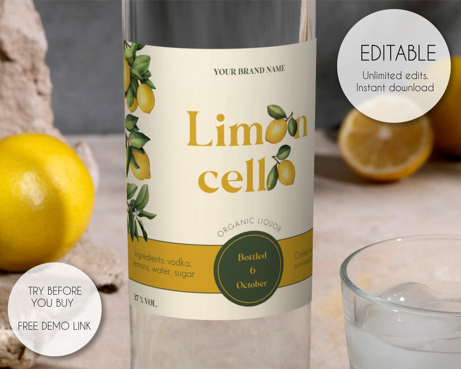 Editable Limoncello Bottle Label Template, Printable Alcoholic Lemon ...