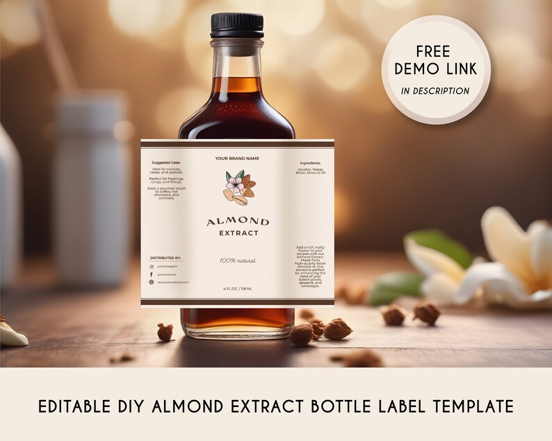 Editable Luxury Almond Extract Bottle Label Template, Printable ...