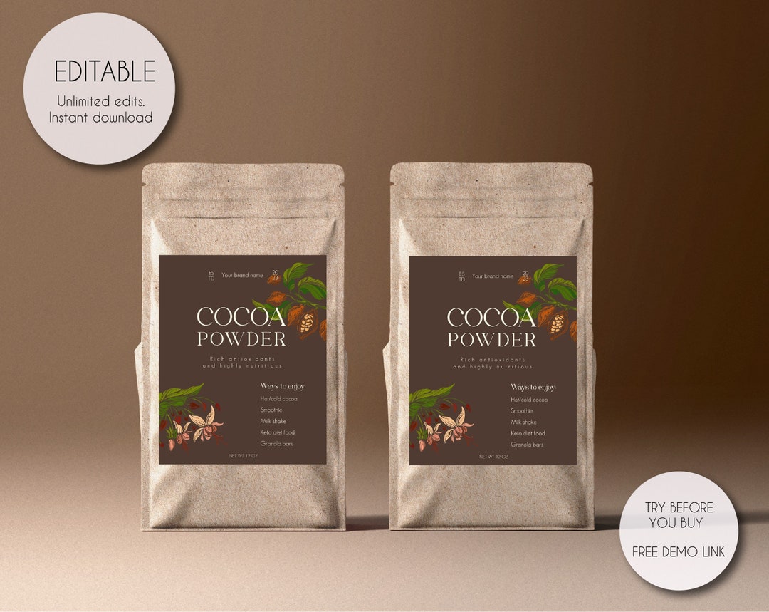 Editable Cocoa Powder Bag Label Template, Printable Cacao Powder Bag ...