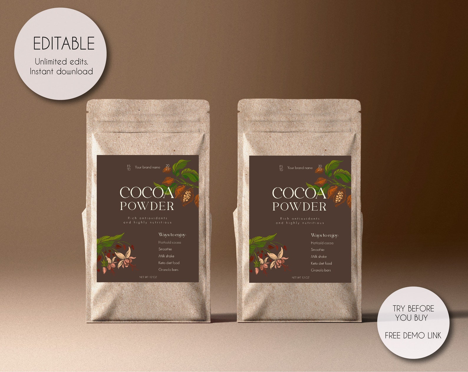 Editable Cocoa Powder Bag Label Template, Printable Cacao Powder Bag ...