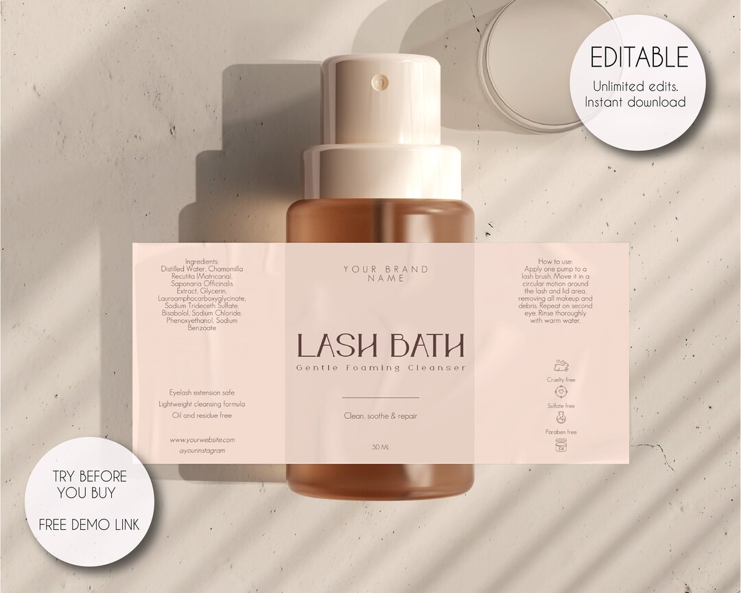 Editable Lash Bath Label Template, Minimalist Eyelash Foam Cleanser ...