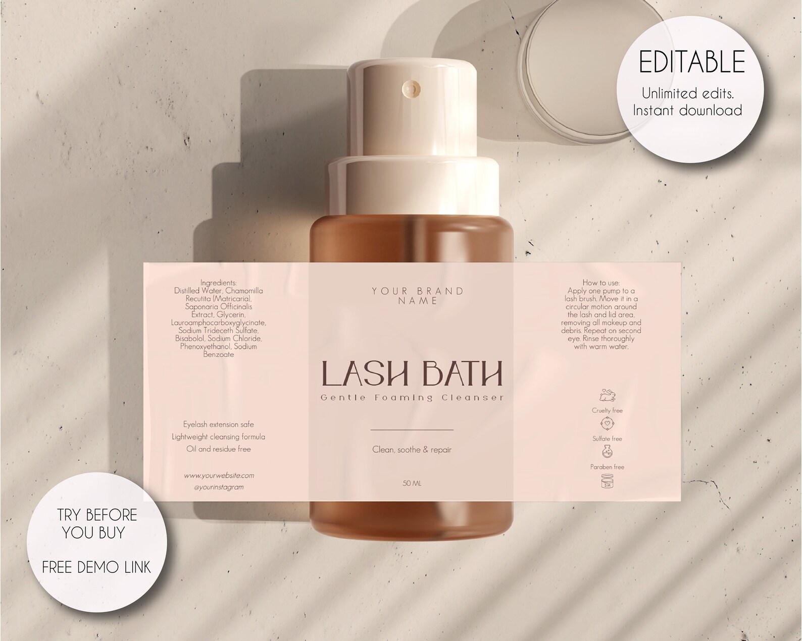 Editable Lash Bath Label Template, Minimalist Eyelash Foam Cleanser ...