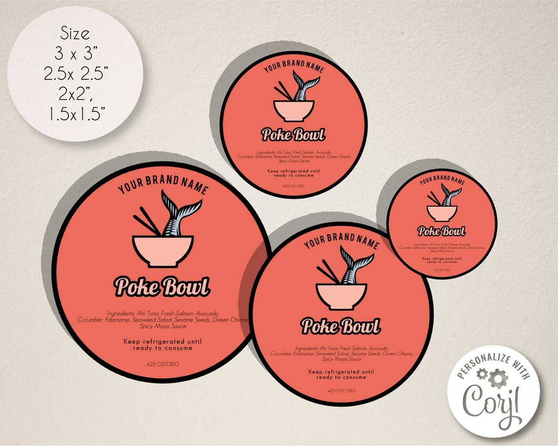 Editable Poke Bowl Round Label Template, Printable Luxury Poke Bowl ...