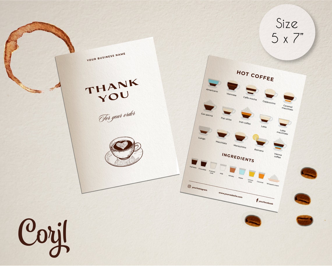 Editable Thank You Card Template for Coffee Business, Printable Card ...