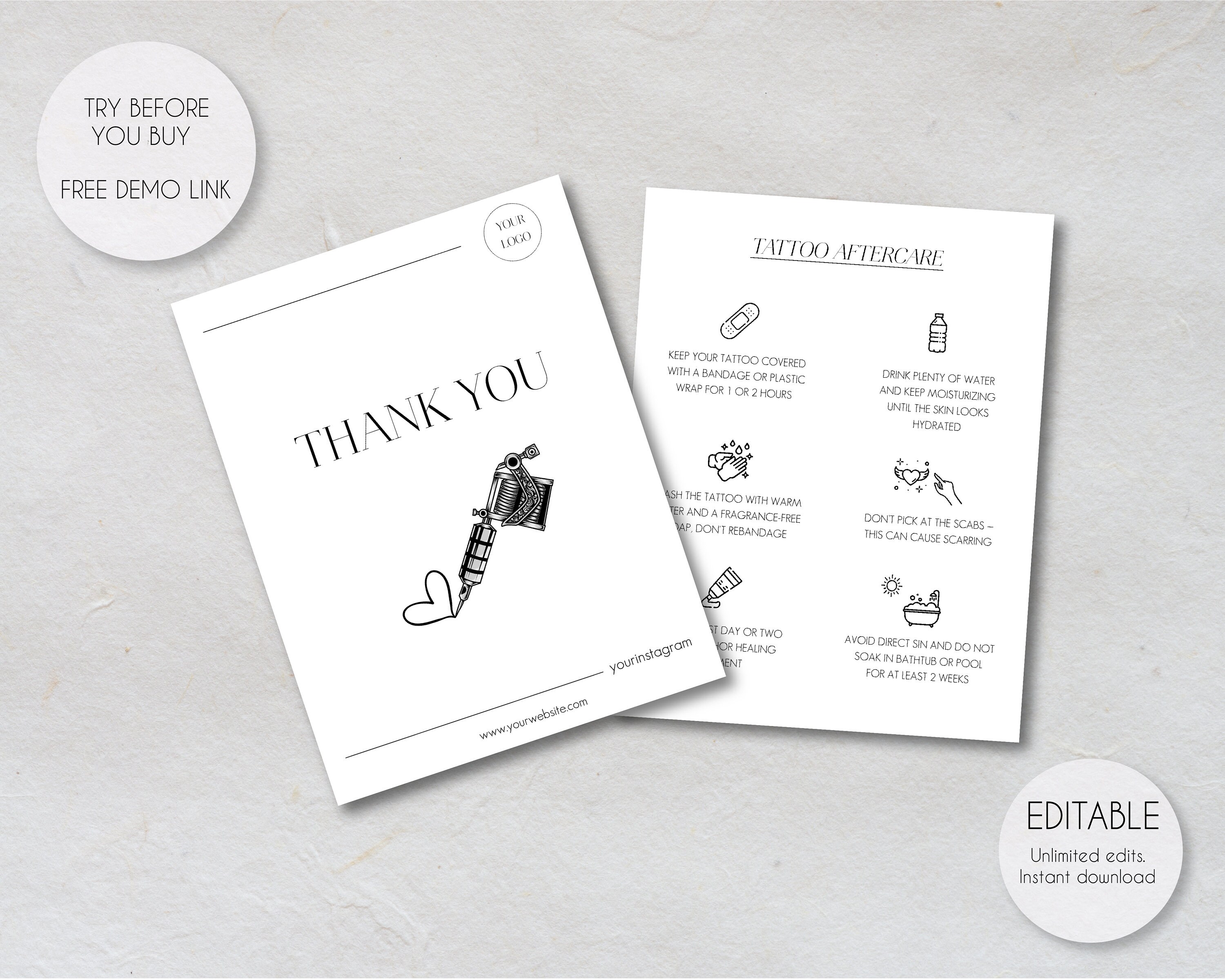 Editable Tattoo Aftercare Card Template, Custom Tattoo Instructions ...