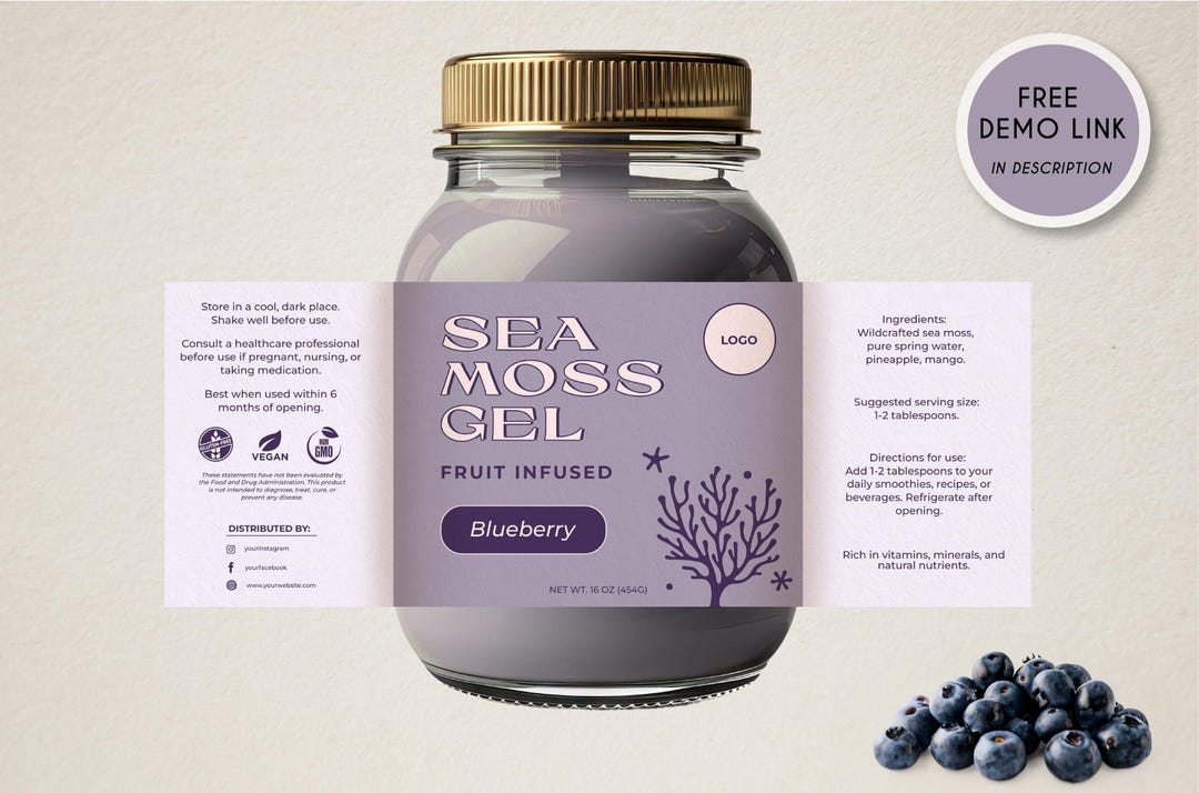 Editable Sea Moss Gel Label Template: Custom Food Jar Sticker (digital ...