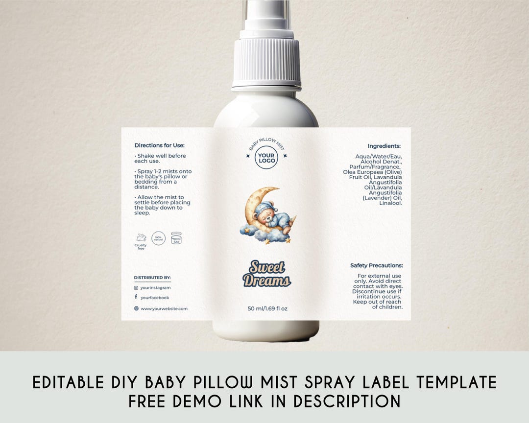Editable Baby Pillow Mist Label Template, Printable Nursery Room Pillow ...