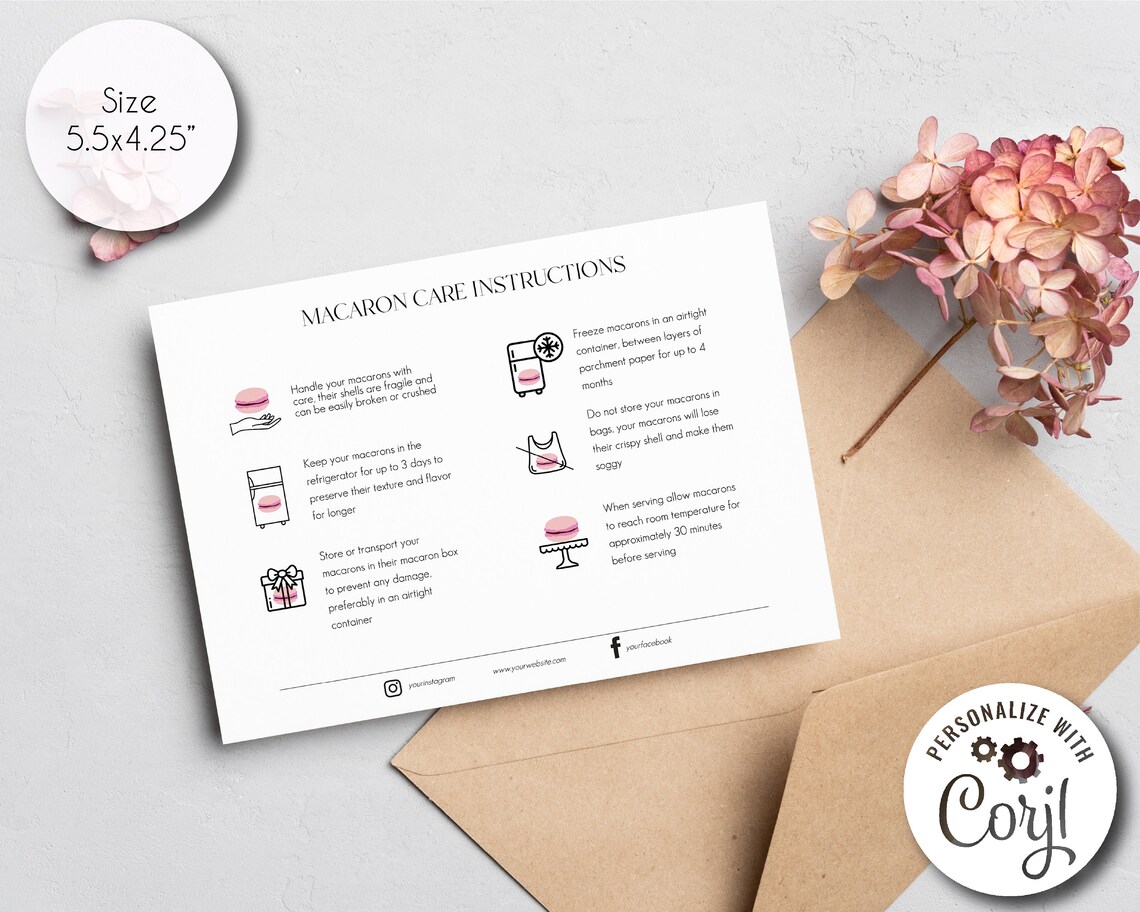 Editable Macaron Care Card Template, Minimalist Macarons Aftercare Card ...