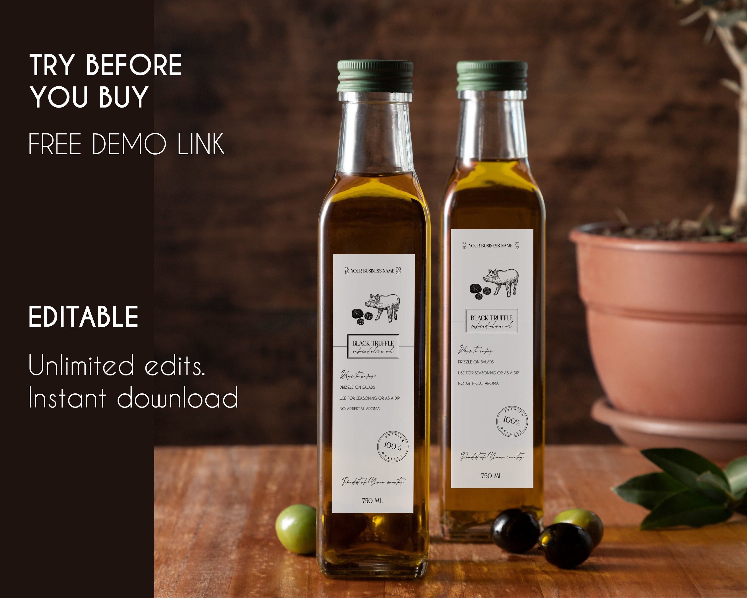 Truffle Oil Bottle Label Printable, Editable Truffle Infused Olive Oil ...
