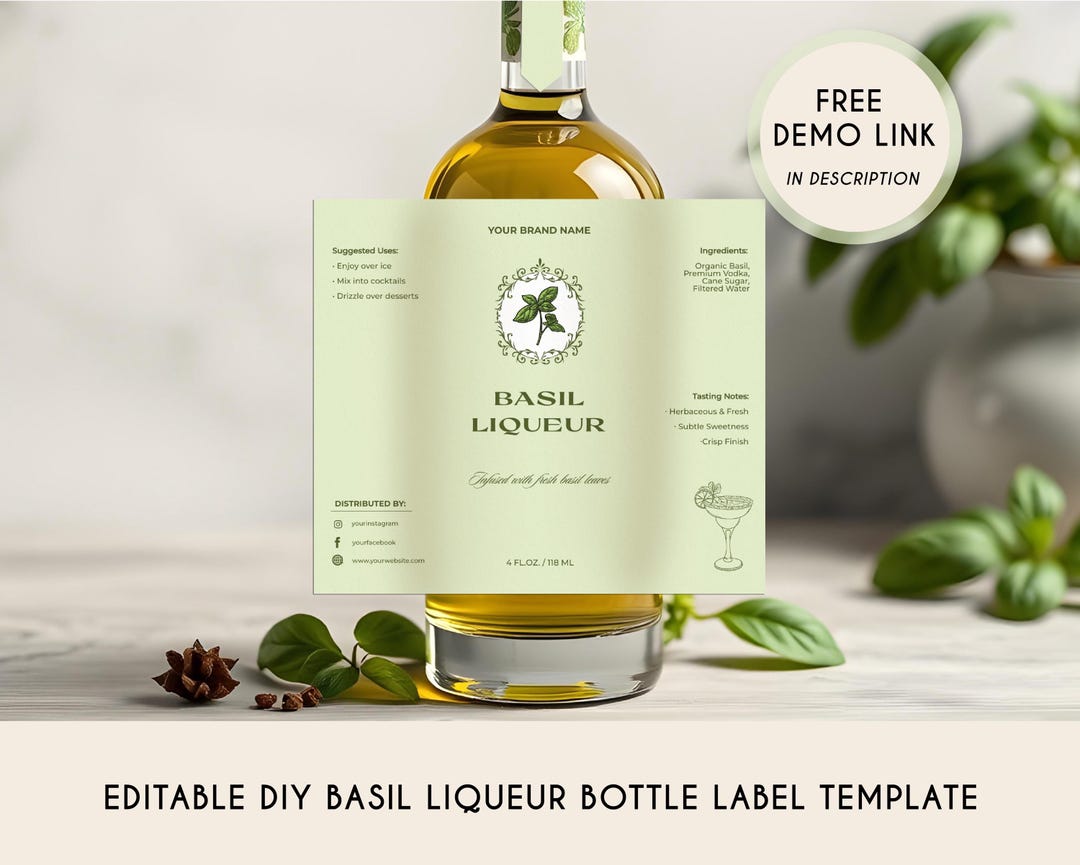 Editable Luxury Basil Liqueur Bottle Label Template, Printable Homemade ...