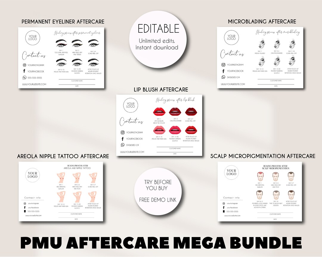 Editable PMU Aftercare Card Mega Bundle, Customizable Permanent Makeup ...