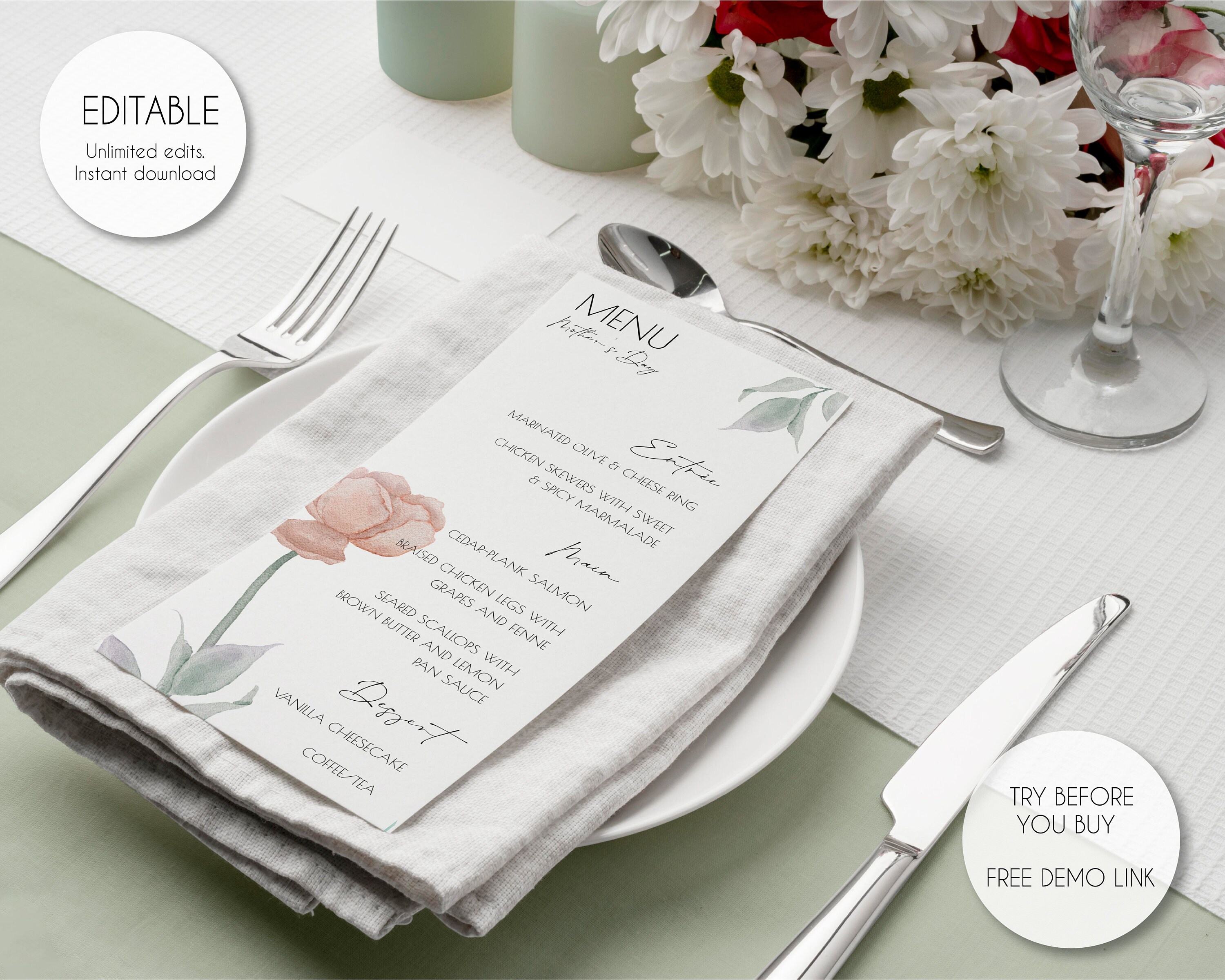 Editable Mother's Day Menu Template, Printable Mothers Day Dinner Menu ...