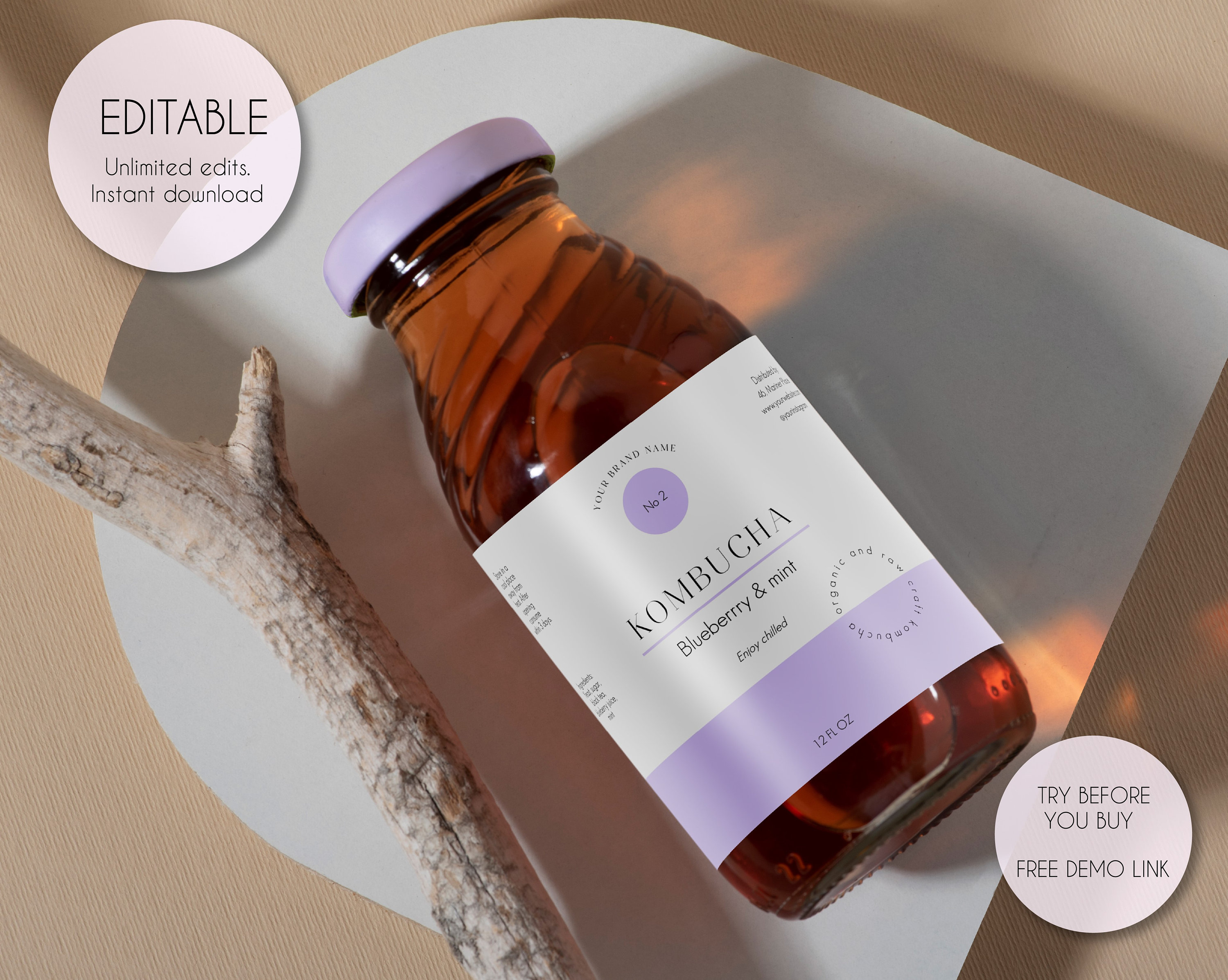 Editable Kombucha Bottle Label Template: Minimalist Design (digital ...