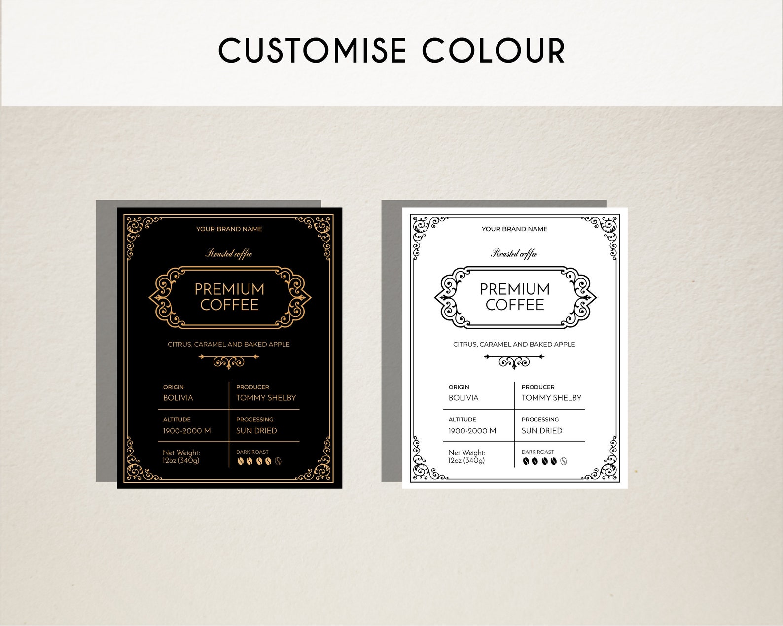Editable Elegant Coffee Bag Label Template, Printable Luxury Packaging ...