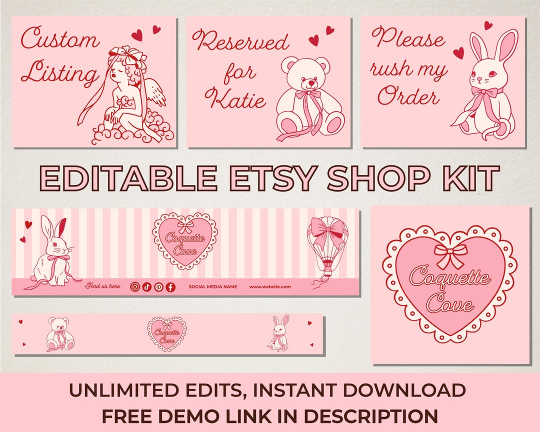Editable Coquette Etsy Shop Banner Template, Custom Cute Feminine Etsy Shop Kit, DIY Girlie Pink ...