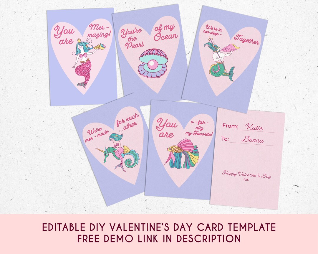 Editable Ocean Themed Valentines Cards Template, Printable Mermaid ...