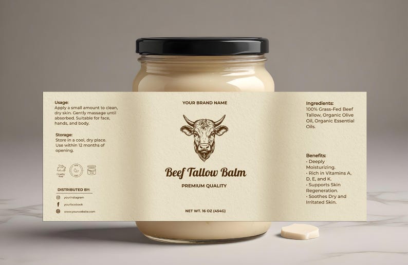 Editable Beef Tallow Jar Label Template, Printable Luxury Tallow Balm ...