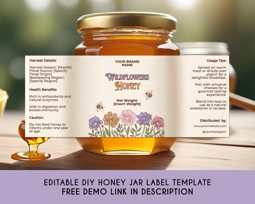 Editable Luxury Honey Jar Label Template, Printable Custom Elegant ...
