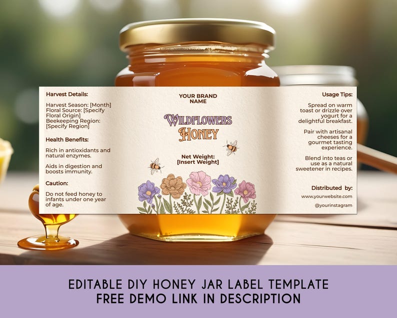 Editable Luxury Honey Jar Label Template, Printable Custom Elegant ...