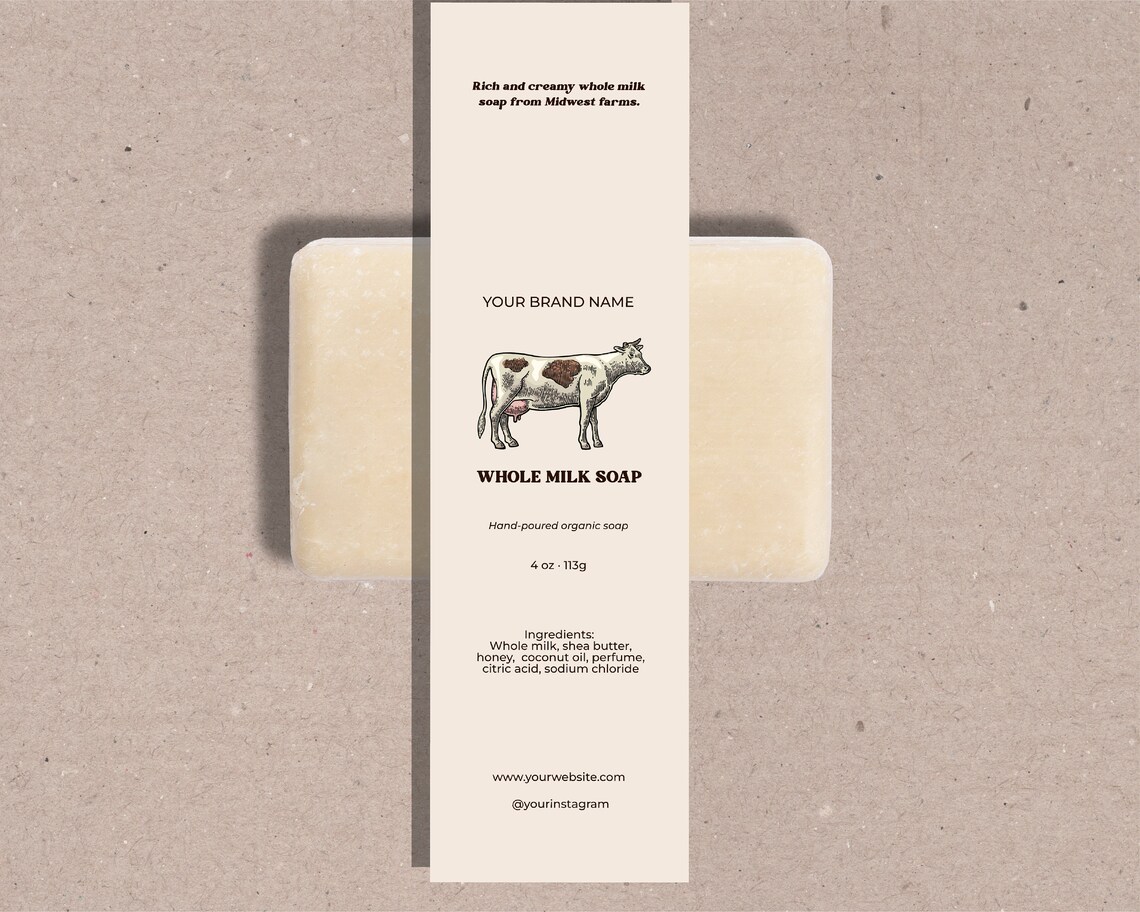 Editable Whole Milk Soap Label Template, Printable Minimalist Cow Soap ...