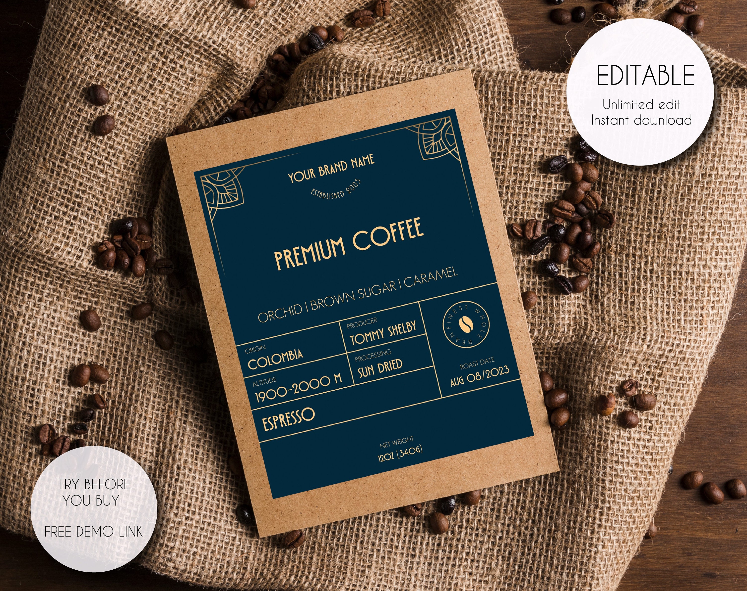 Editable Modern Coffee Bag Label Template, Printable Luxury Coffee Bag ...