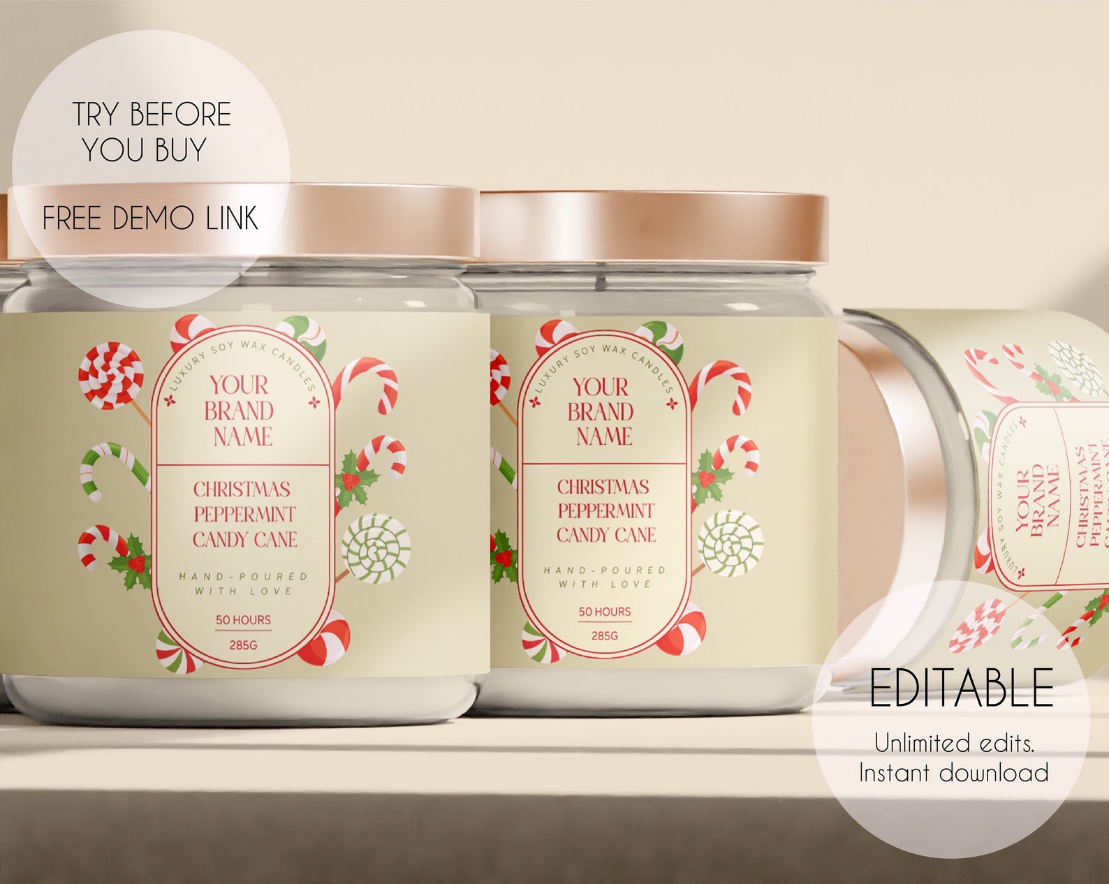 Editable Christmas Candle Label Template, Christmas Peppermint Candy ...