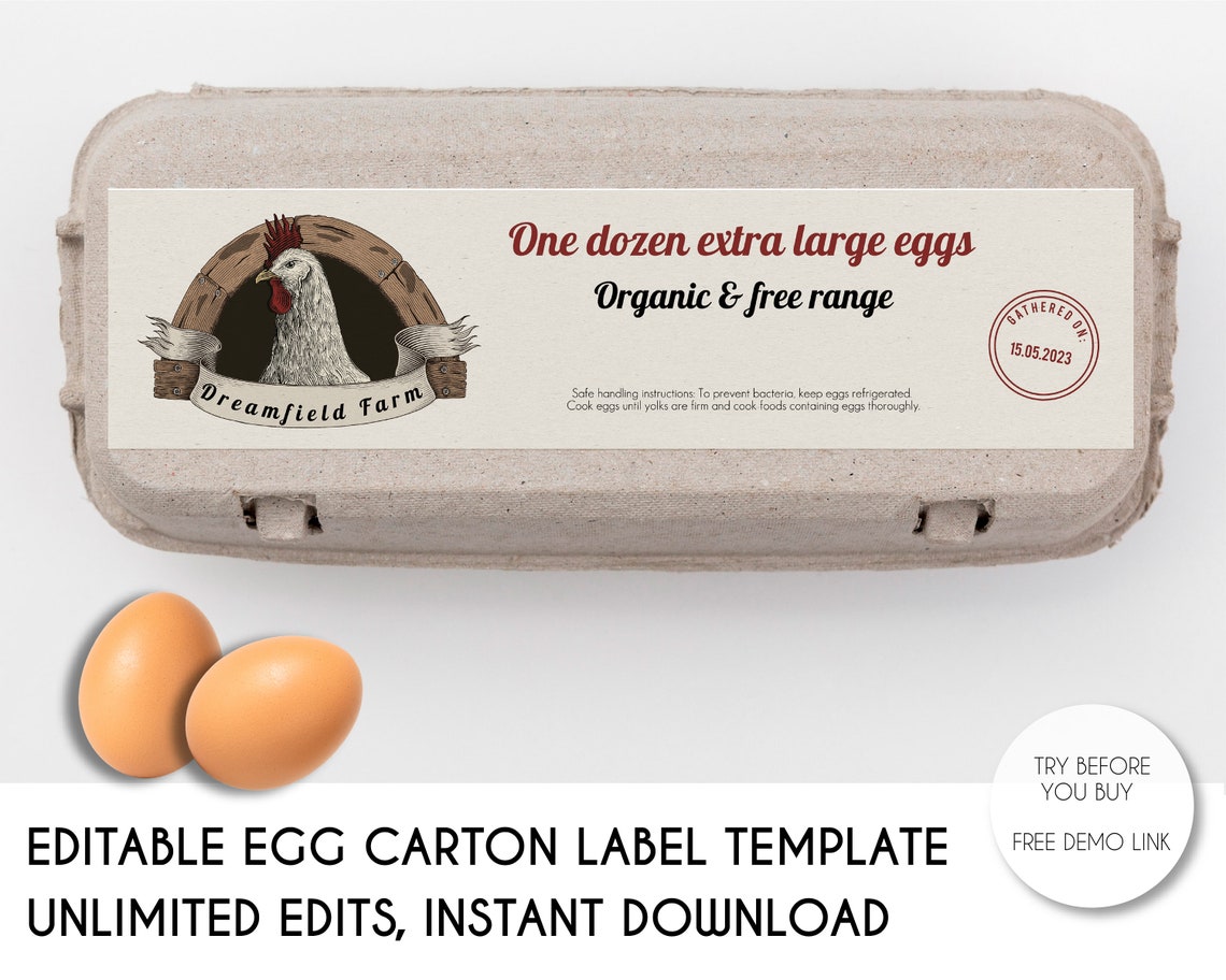 Editable Egg Carton Label Template, DIY Farm Label, Customizable Egg ...