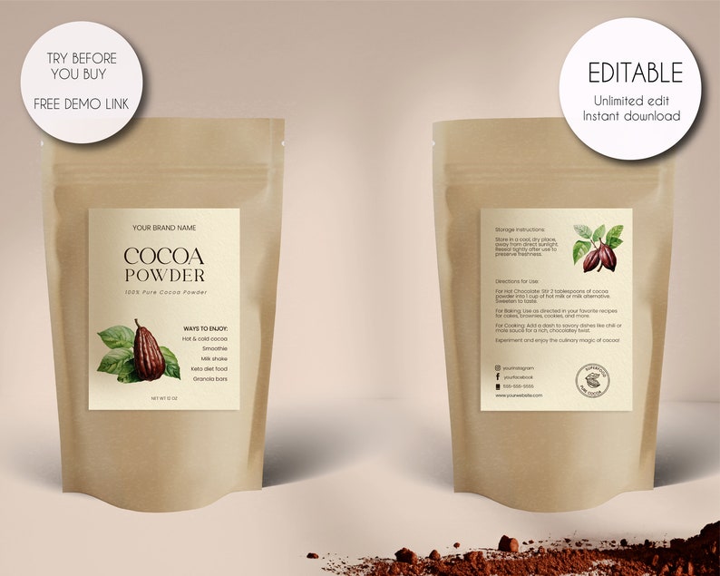 Editable Cocoa Powder Bag Label Template: Custom Packaging (instant ...