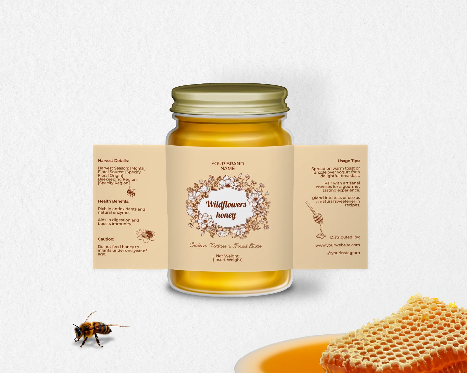 Editable Luxury Honey Jar Label Template, Printable Custom Elegant ...