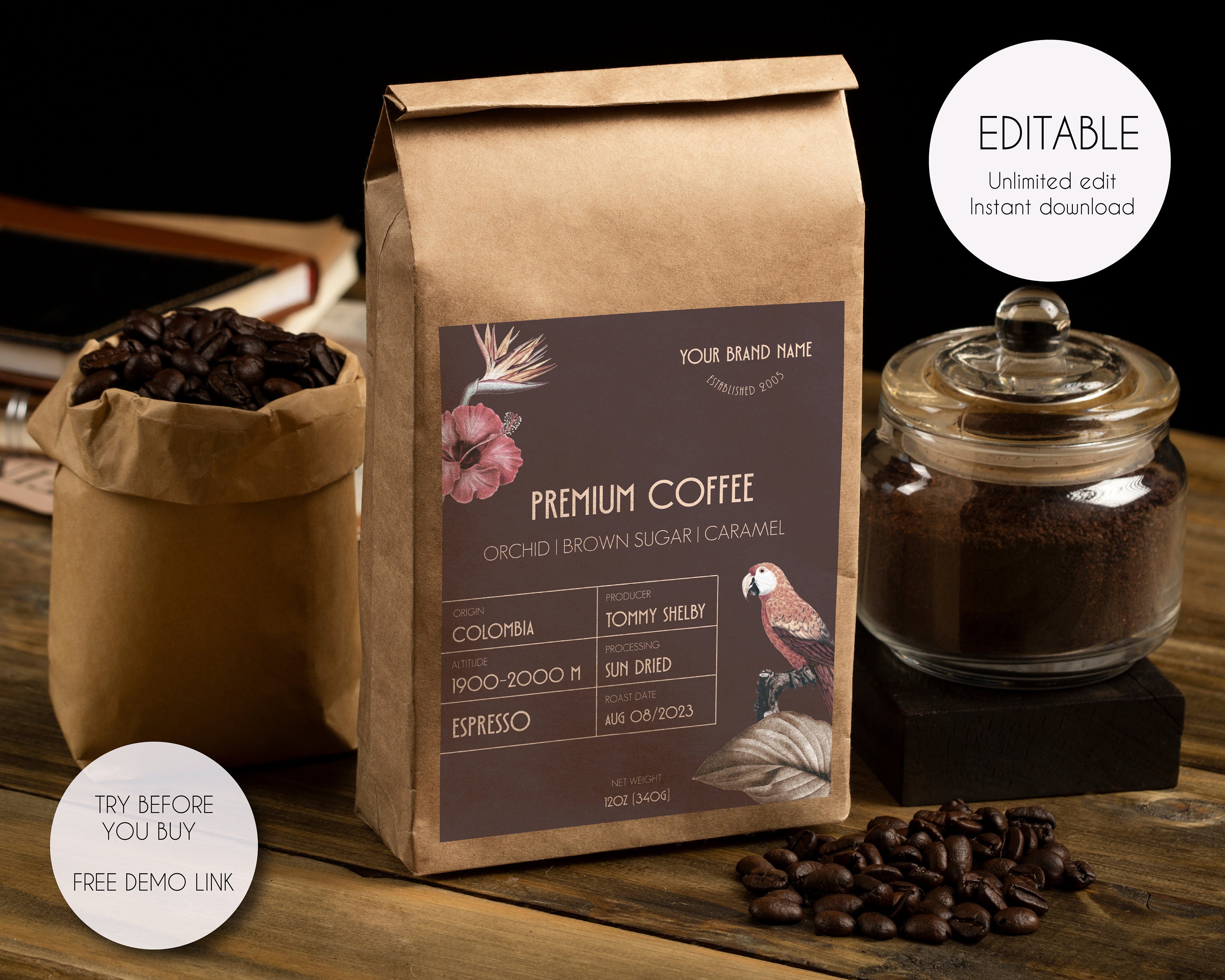 Printable Coffee Bag Label Template, Editable Coffee Bag Label Template ...