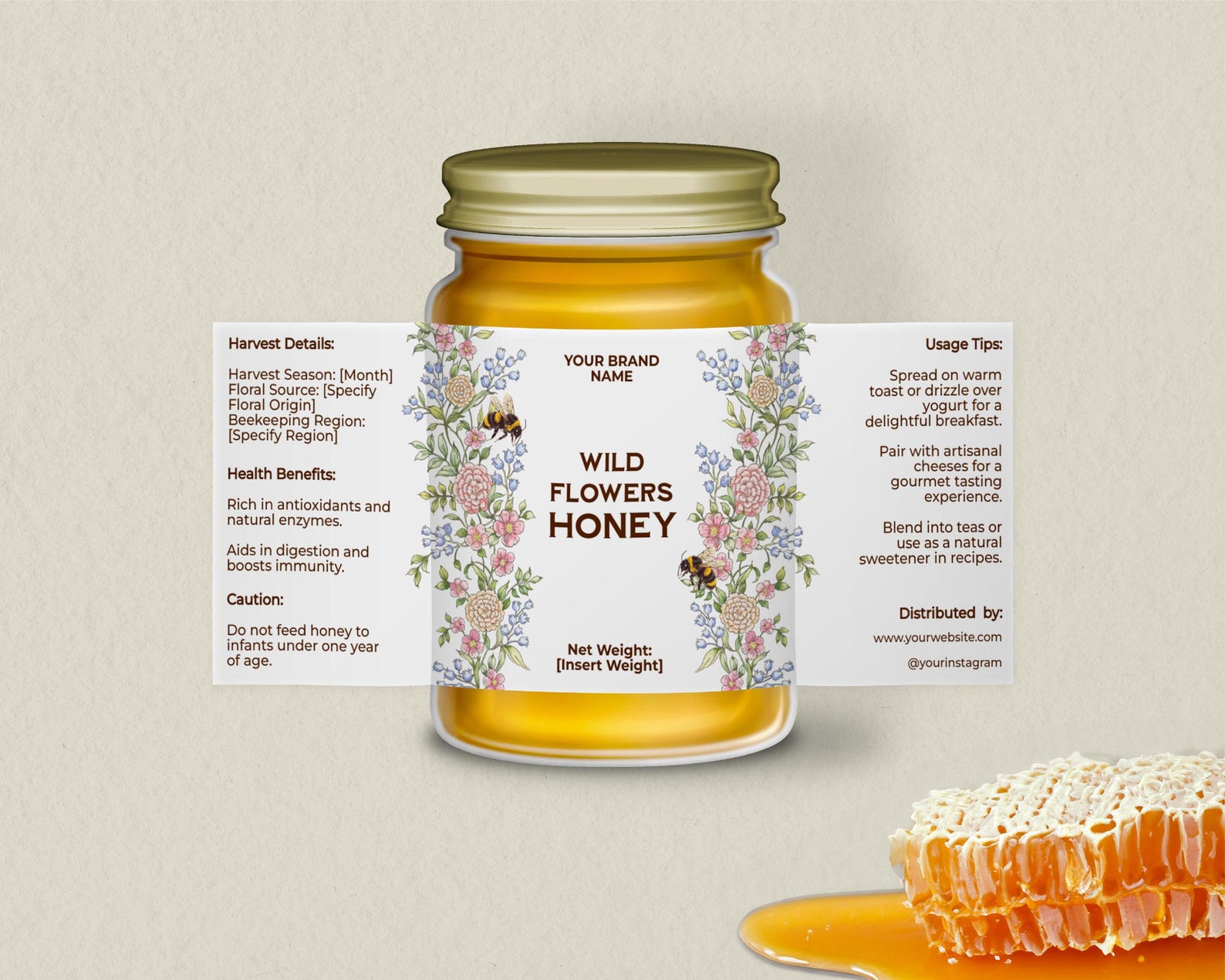 Editable Luxury Honey Jar Label Template, Printable Custom Elegant ...