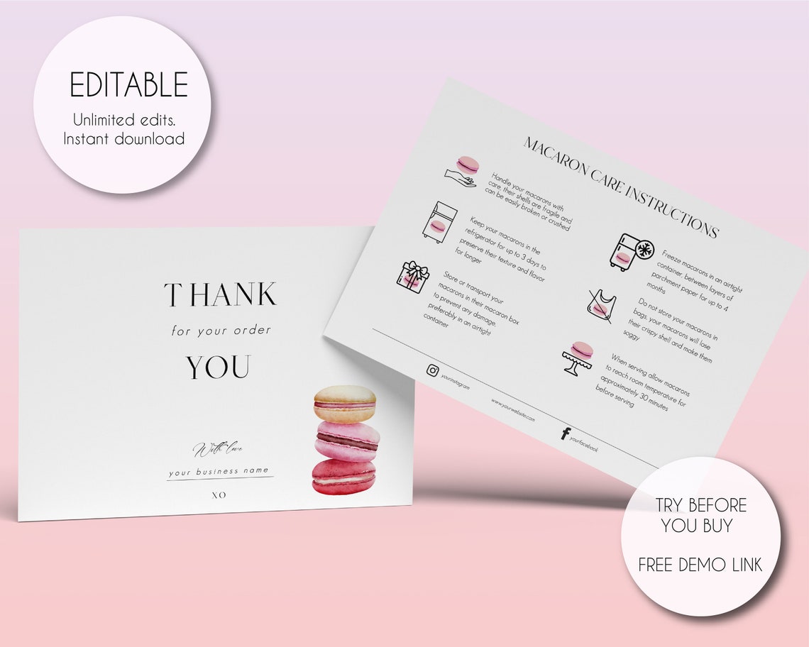 Editable Macaron Care Card Template, Minimalist Macarons Aftercare Card ...