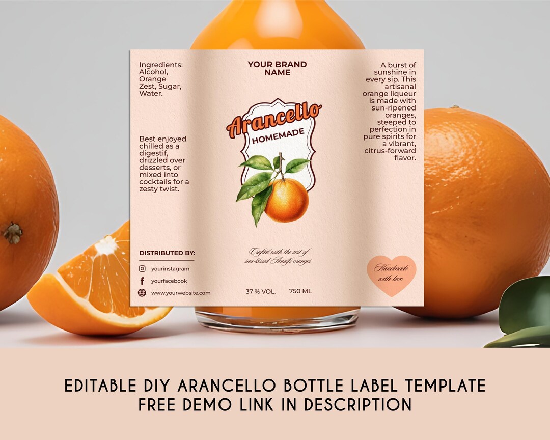 Editable Luxury Arancello Bottle Label Template, Printable Homemade ...