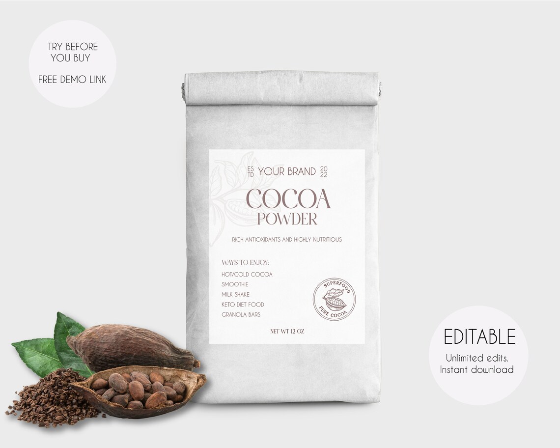Printable Cocoa Powder Bag Label Template Editable Cocoa - Etsy