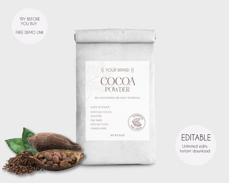 Printable Cocoa Powder Bag Label Template Editable Cocoa - Etsy