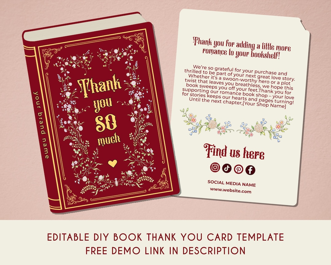 Editable Book Business Thank You Card Template, Printable Thank You ...
