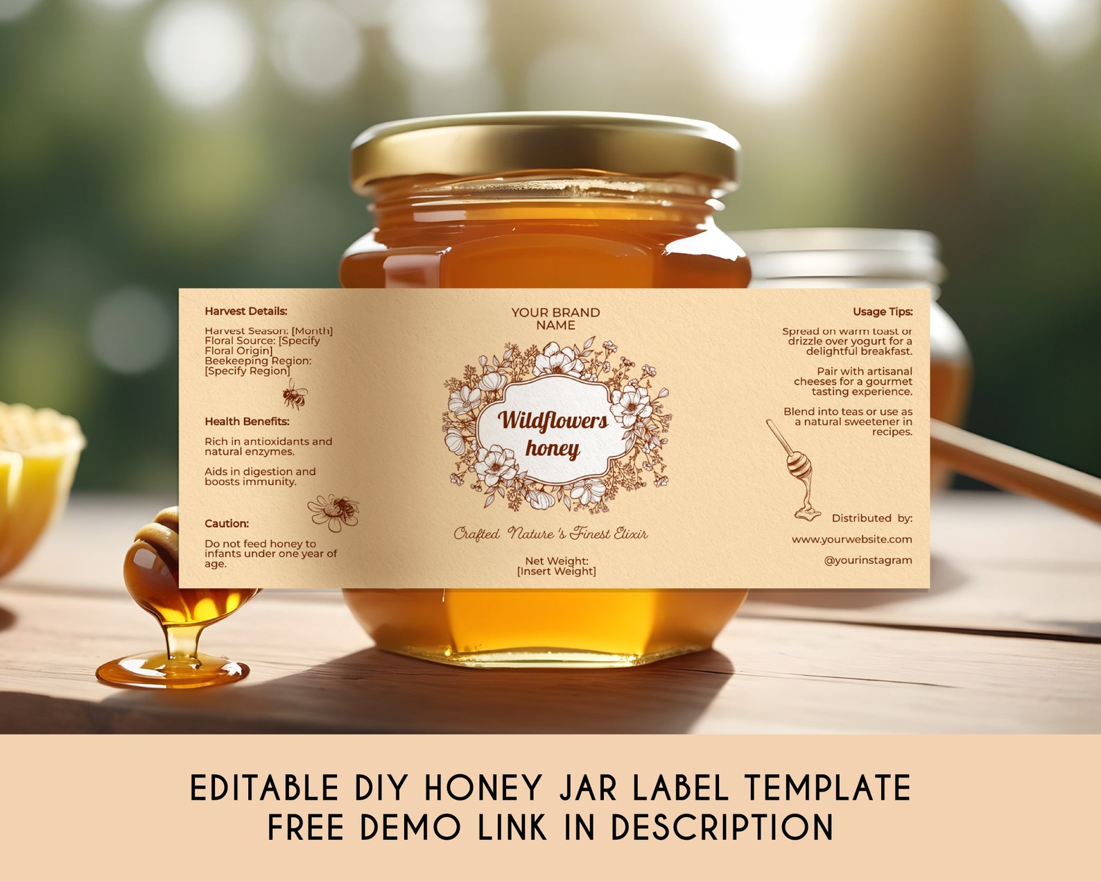 Editable Luxury Honey Jar Label Template, Printable Custom Elegant ...
