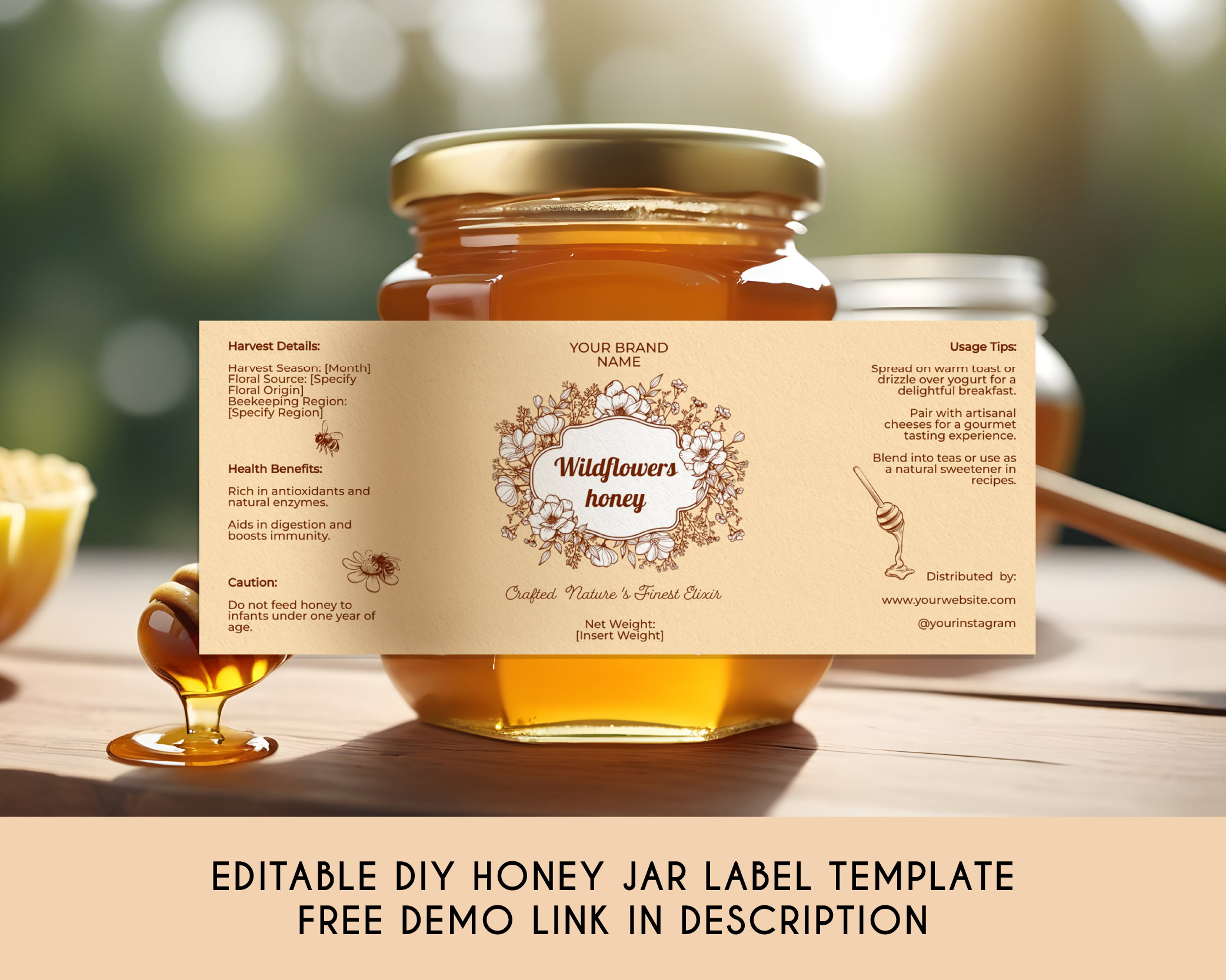 Editable Luxury Honey Jar Label Template, Printable Custom Elegant ...