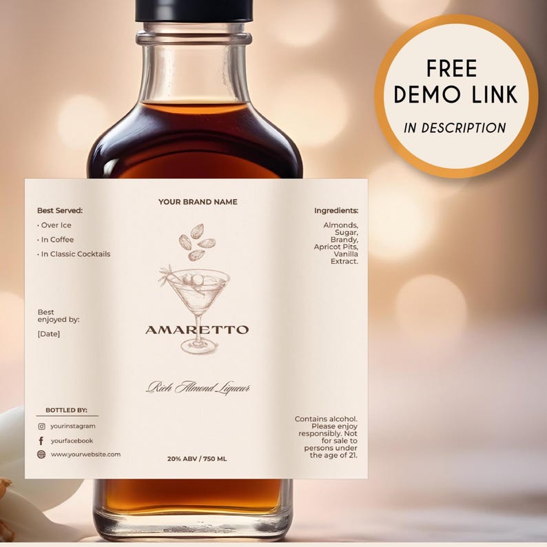 Editable Amaretto Bottle Label Template: Custom Liqueur Sticker ...