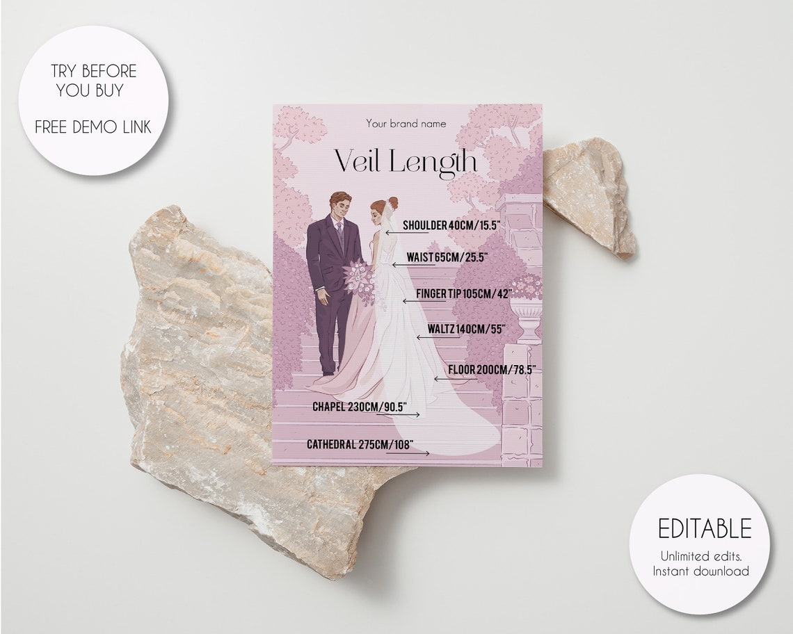 Editable Veil Length Size Chart Template, Printable Wedding Veil Size ...
