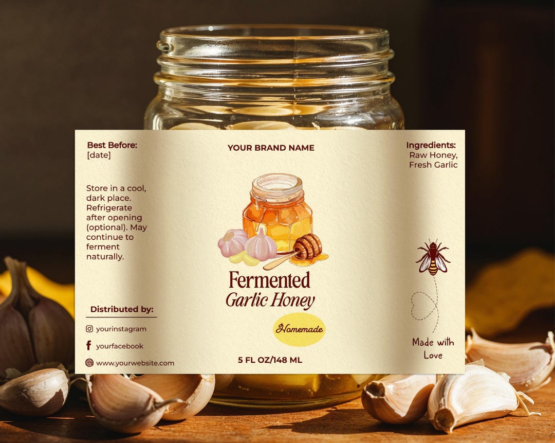Editable Fermented Garlic Honey Jar Label Template: Rustic Beekeeper ...