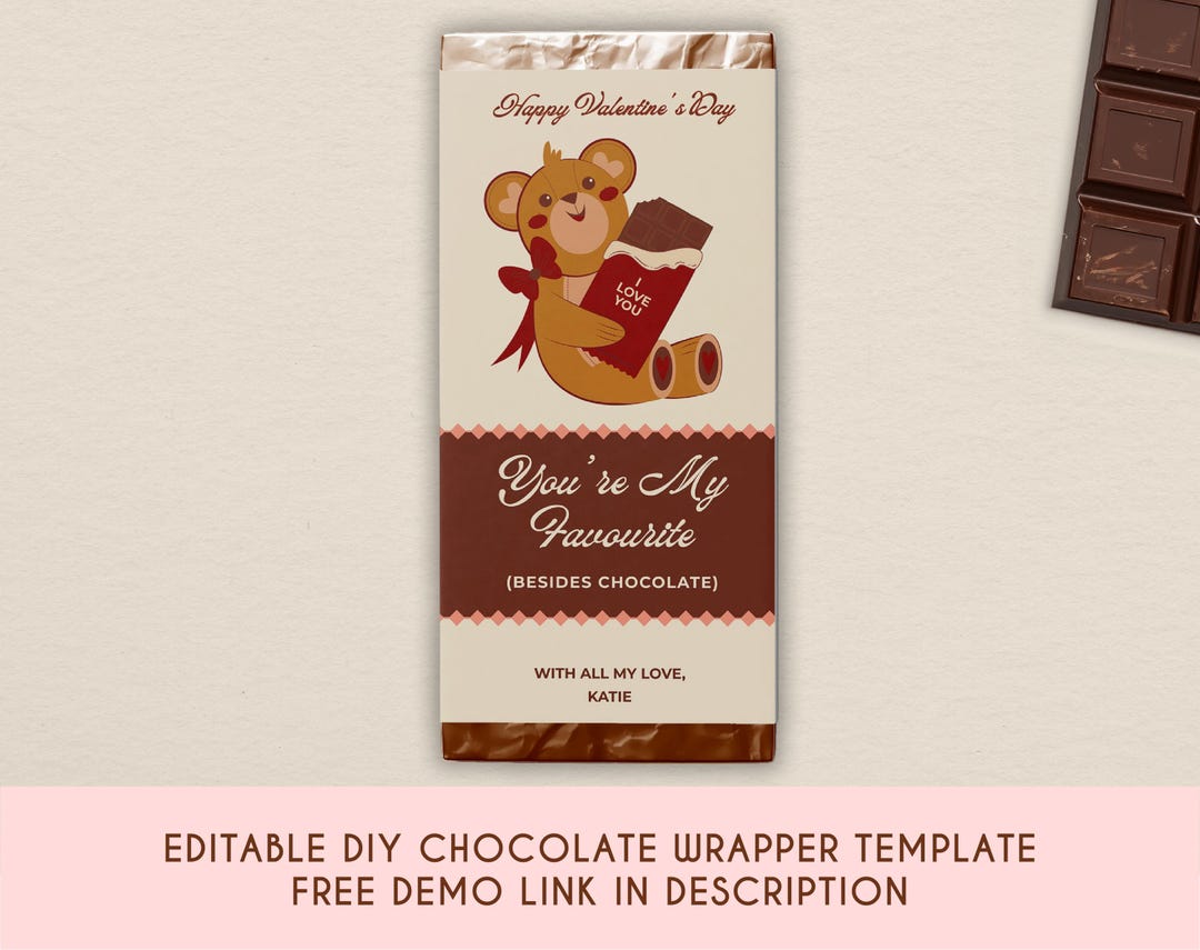 Editable Valentine's Day Chocolate Wrapper Template, Printable Teddy ...