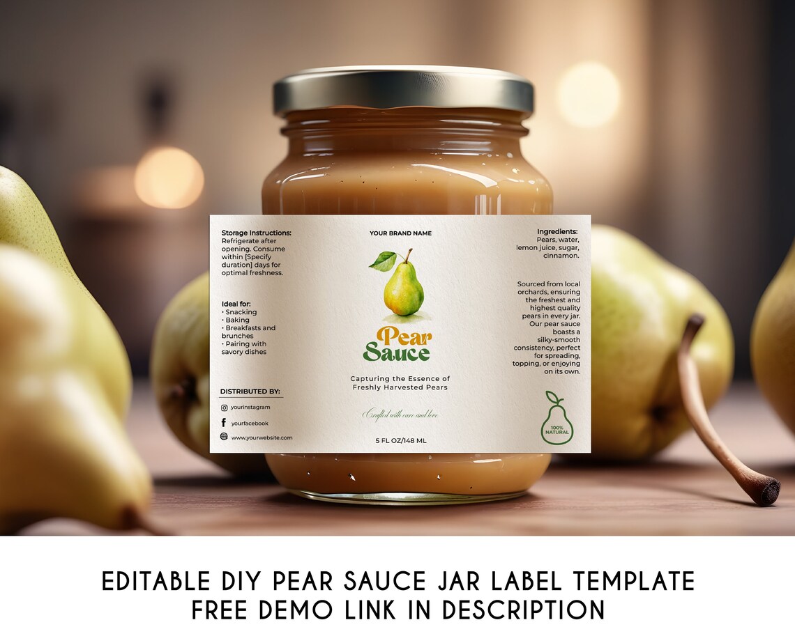 Editable Luxury Pear Sauce Jar Label Template, Printable Modern ...