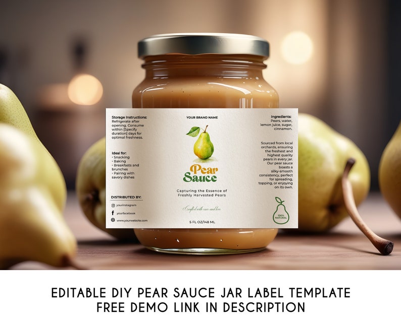 Editable Luxury Pear Sauce Jar Label Template, Printable Modern ...