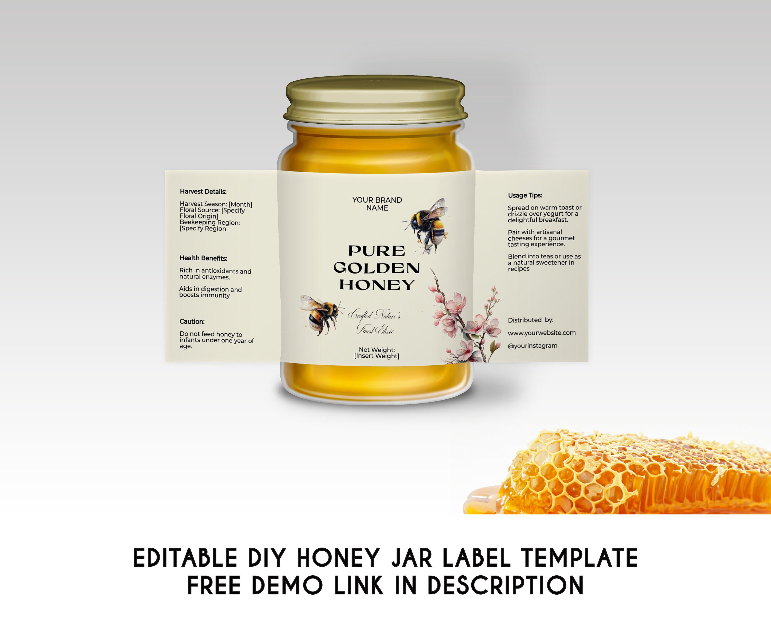 Editable Minimalist Luxury Honey Jar Label Template, Printable Custom ...