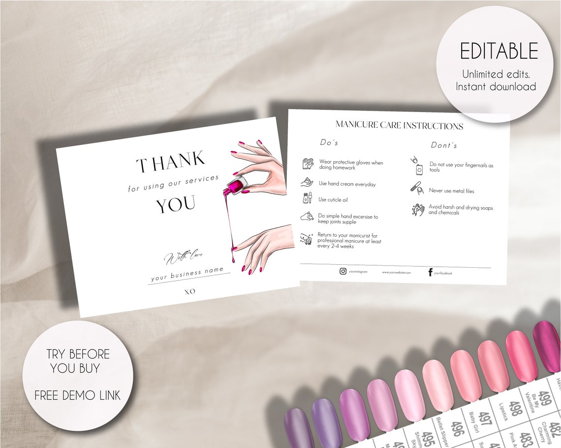 Editable Manicure Care Card Template Printable Gel Nails - Etsy