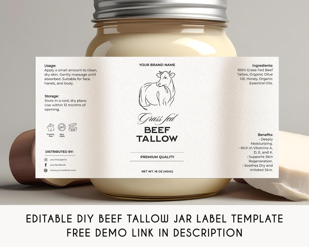 Editable Beef Tallow Jar Label Template, Printable Luxury Tallow Balm ...